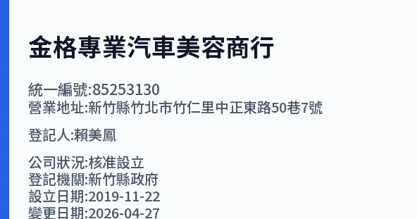 金格專業汽車美容商行的照片-統編 85253130(新竹縣) 公司登記資料與營業項目詳細圖表