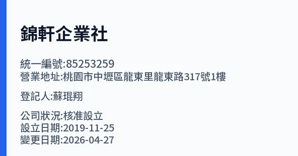 錦軒企業社的照片-統編 85253259(桃園市) 公司登記資料與營業項目詳細圖表