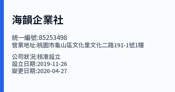 海韻企業社的照片-統編 85253498(桃園市) 公司登記資料與營業項目詳細圖表