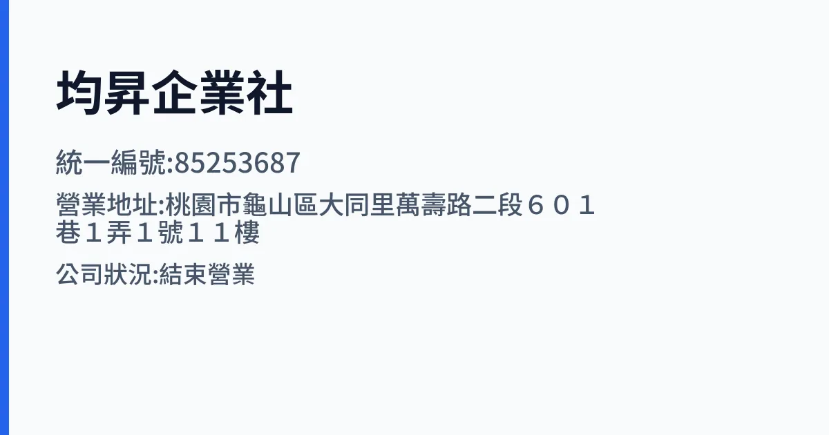 均昇企業社 - 統編 85253687(桃園市) 公司登記資料與營業項目詳細圖表