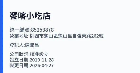 饗喀小吃店的照片-統編 85253878(桃園市) 公司登記資料與營業項目詳細圖表