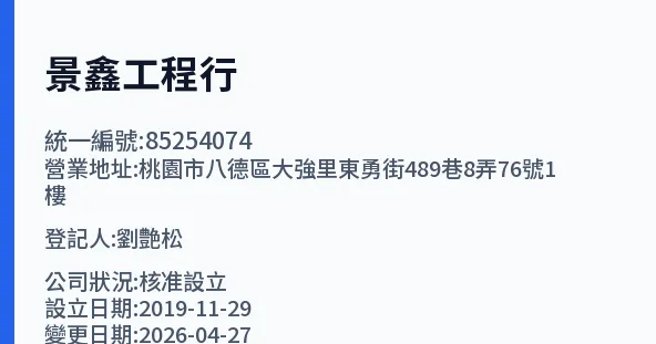 景鑫工程行的照片-統編 85254074(桃園市) 公司登記資料與營業項目詳細圖表