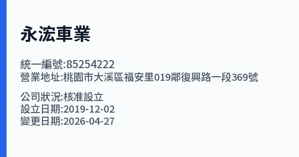 永浤車業的照片-統編 85254222(桃園市) 公司登記資料與營業項目詳細圖表