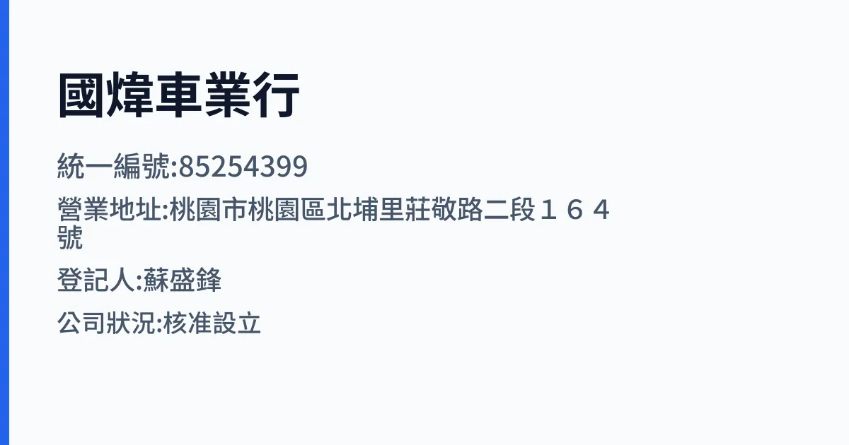 國煒車業行 - 統編 85254399(桃園市) 公司登記資料與營業項目詳細圖表