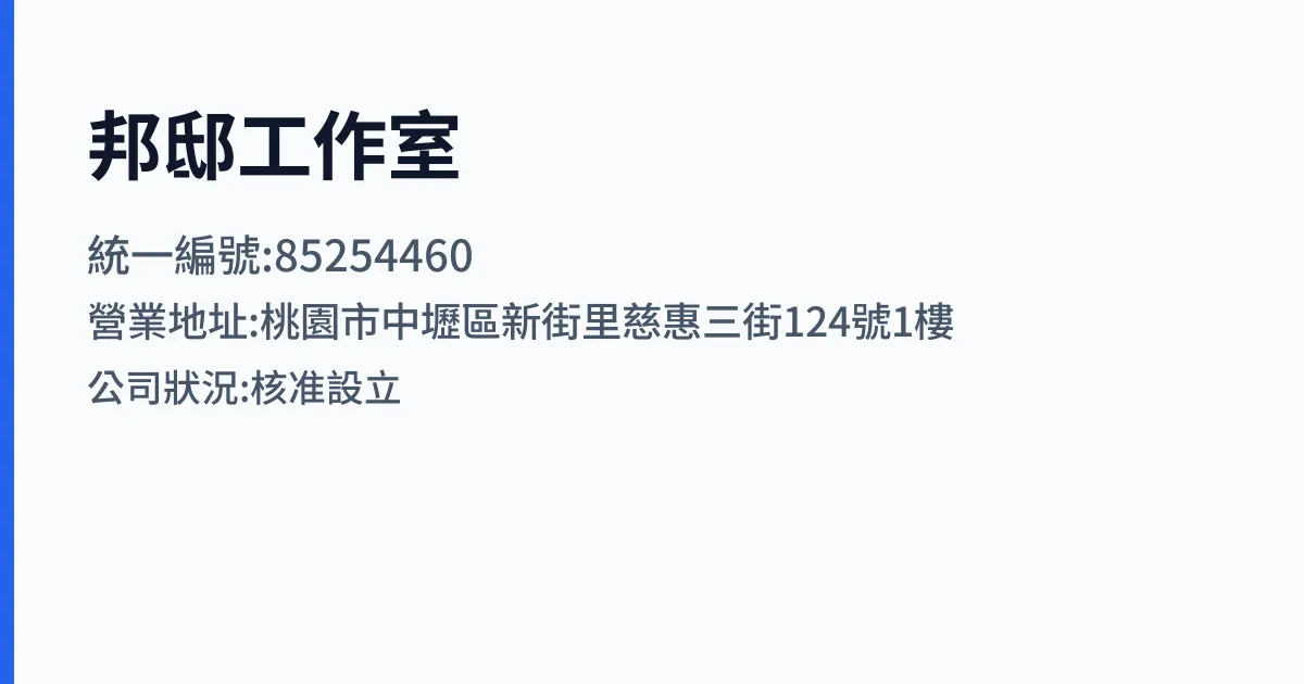 邦邸工作室 - 統編 85254460(桃園市) 公司登記資料與營業項目詳細圖表