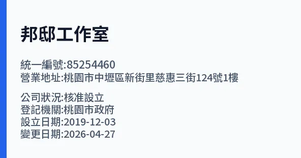 邦邸工作室的照片-統編 85254460(桃園市) 公司登記資料與營業項目詳細圖表
