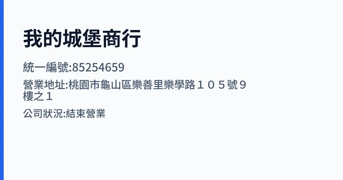我的城堡商行 - 統編 85254659(桃園市) 公司登記資料與營業項目詳細圖表