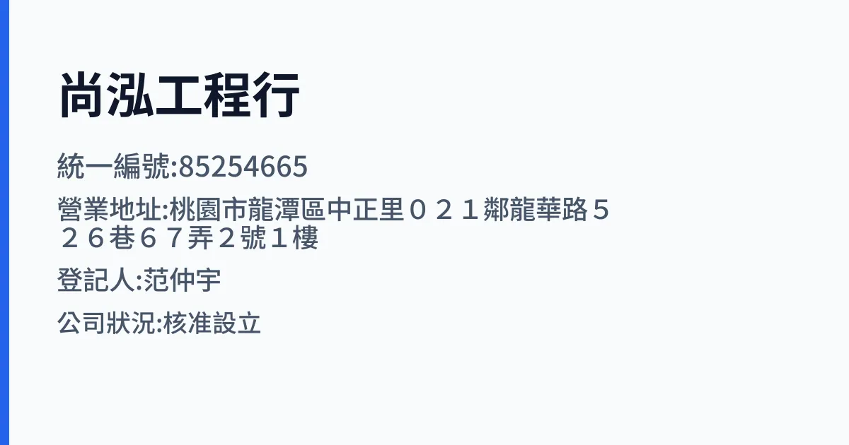 尚泓工程行 - 統編 85254665(桃園市) 公司登記資料與營業項目詳細圖表