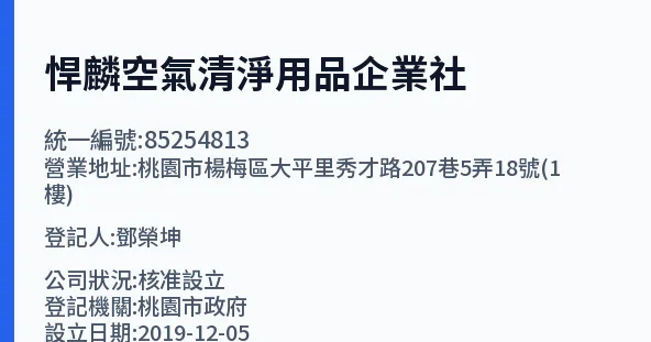 悍麟空氣清淨用品企業社的照片-統編 85254813(桃園市) 公司登記資料與營業項目詳細圖表
