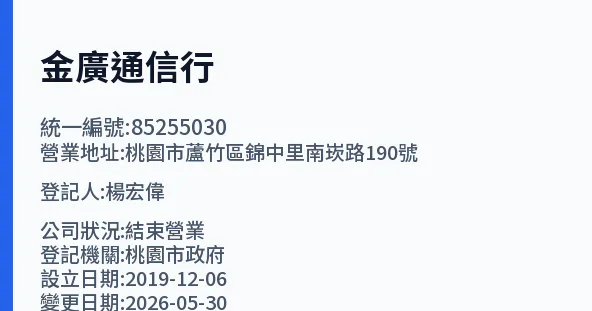 金廣通信行的照片-統編 85255030(桃園市) 公司登記資料與營業項目詳細圖表