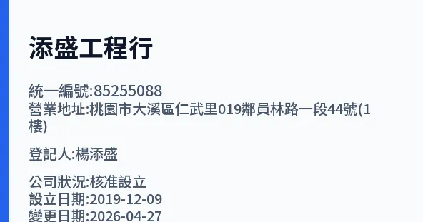 添盛工程行的照片-統編 85255088(桃園市) 公司登記資料與營業項目詳細圖表