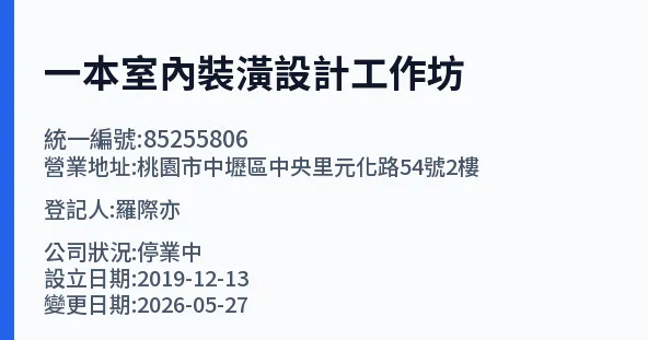 一本室內裝潢設計工作坊的照片-統編 85255806(桃園市) 公司登記資料與營業項目詳細圖表