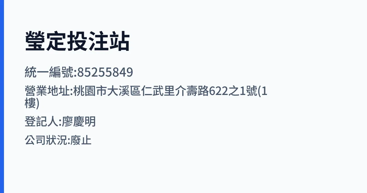 瑩定投注站 - 統編 85255849(桃園市) 公司登記資料與營業項目詳細圖表