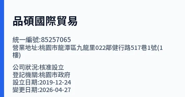 品碩國際貿易的照片-統編 85257065(桃園市) 公司登記資料與營業項目詳細圖表