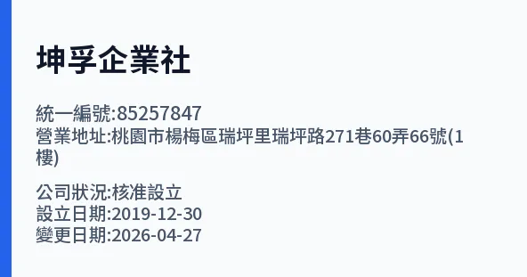 坤孚企業社的照片-統編 85257847(桃園市) 公司登記資料與營業項目詳細圖表