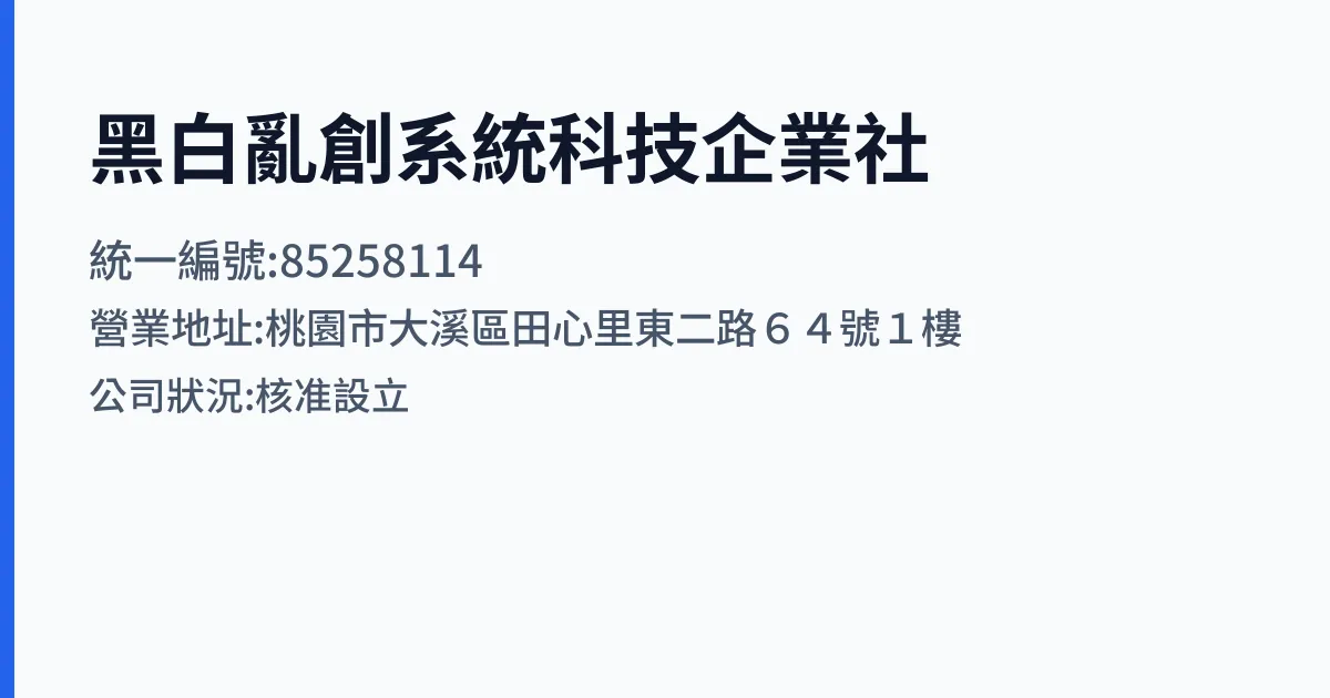 黑白亂創系統科技企業社 - 統編 85258114(桃園市) 公司登記資料與營業項目詳細圖表