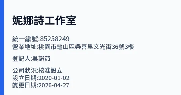 妮娜詩工作室的照片-統編 85258249(桃園市) 公司登記資料與營業項目詳細圖表