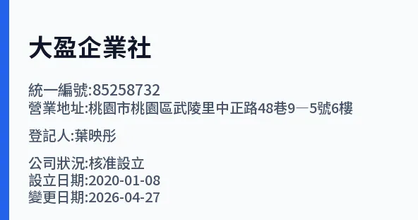 大盈企業社的照片-統編 85258732(桃園市) 公司登記資料與營業項目詳細圖表