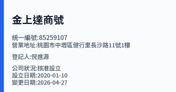 金上達商號的照片-統編 85259107(桃園市) 公司登記資料與營業項目詳細圖表