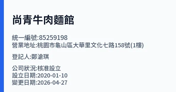 尚青牛肉麵館的照片-統編 85259198(桃園市) 公司登記資料與營業項目詳細圖表