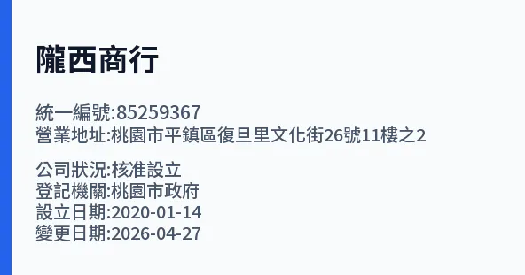 隴西商行的照片-統編 85259367(桃園市) 公司登記資料與營業項目詳細圖表