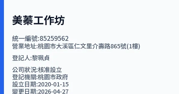 美蓁工作坊的照片-統編 85259562(桃園市) 公司登記資料與營業項目詳細圖表