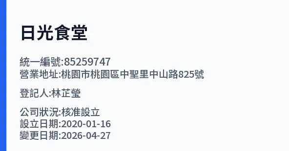 日光食堂的照片-統編 85259747(桃園市) 公司登記資料與營業項目詳細圖表