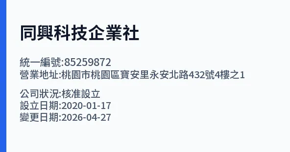 同興科技企業社的照片-統編 85259872(桃園市) 公司登記資料與營業項目詳細圖表