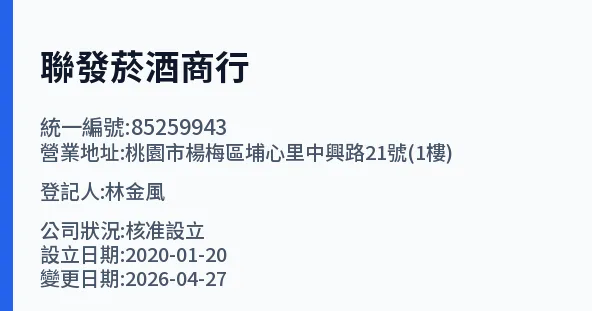 聯發菸酒商行的照片-統編 85259943(桃園市) 公司登記資料與營業項目詳細圖表