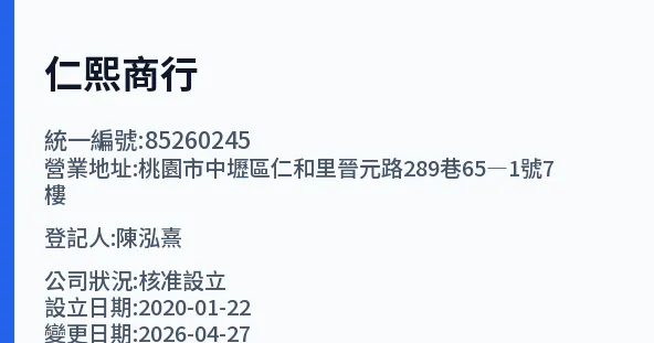 仁熙商行的照片-統編 85260245(桃園市) 公司登記資料與營業項目詳細圖表