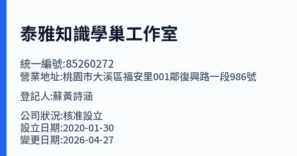 泰雅知識學巢工作室的照片-統編 85260272(桃園市) 公司登記資料與營業項目詳細圖表