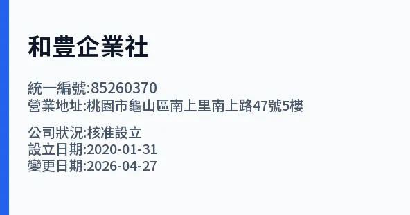 和豊企業社的照片-統編 85260370(桃園市) 公司登記資料與營業項目詳細圖表