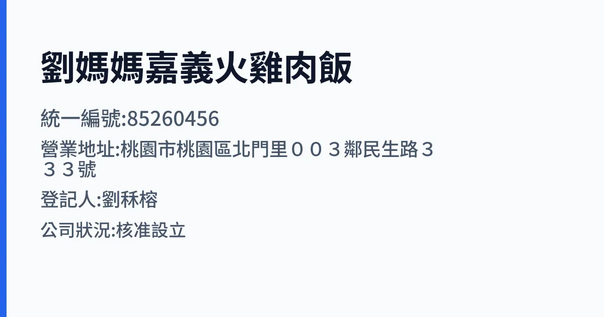 劉媽媽嘉義火雞肉飯 - 統編 85260456(桃園市) 公司登記資料與營業項目詳細圖表