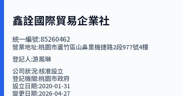 鑫詮國際貿易企業社的照片-統編 85260462(桃園市) 公司登記資料與營業項目詳細圖表