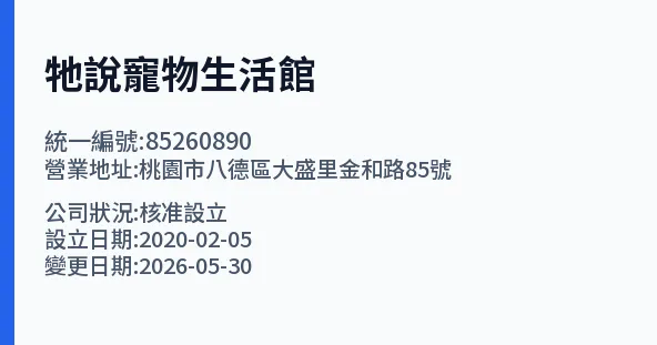 牠說寵物生活館的照片-統編 85260890(桃園市) 公司登記資料與營業項目詳細圖表