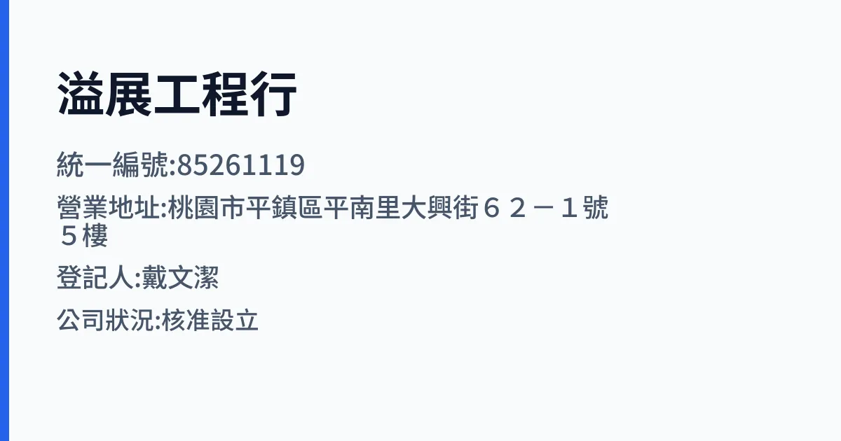 溢展工程行 - 統編 85261119(桃園市) 公司登記資料與營業項目詳細圖表