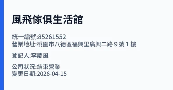 風飛傢俱生活館的照片-統編 85261552(桃園市) 公司登記資料與營業項目詳細圖表