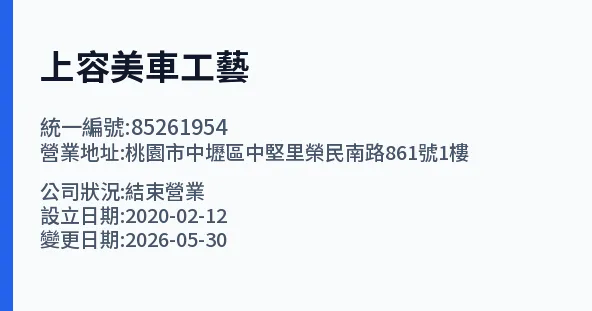 上容美車工藝的照片-統編 85261954(桃園市) 公司登記資料與營業項目詳細圖表