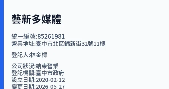 藝新多媒體的照片-統編 85261981(臺中市) 公司登記資料與營業項目詳細圖表