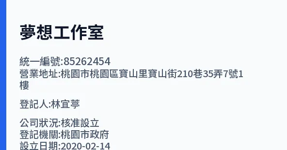 夢想工作室的照片-統編 85262454(桃園市) 公司登記資料與營業項目詳細圖表