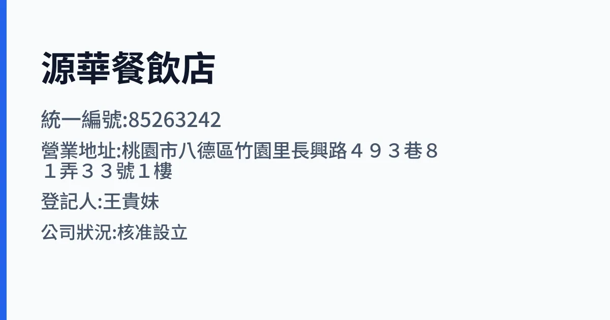 源華餐飲店 - 統編 85263242(桃園市) 公司登記資料與營業項目詳細圖表