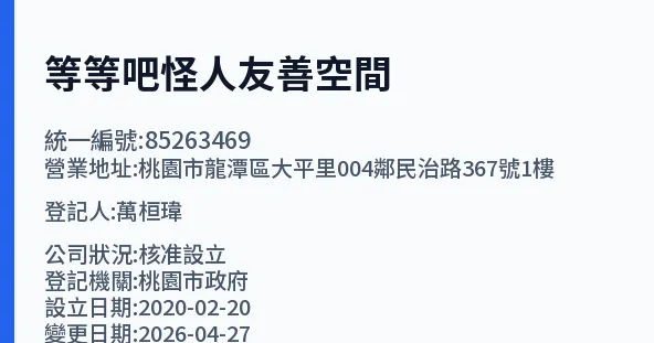 等等吧怪人友善空間的照片-統編 85263469(桃園市) 公司登記資料與營業項目詳細圖表