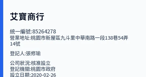 艾寶商行的照片-統編 85264278(桃園市) 公司登記資料與營業項目詳細圖表