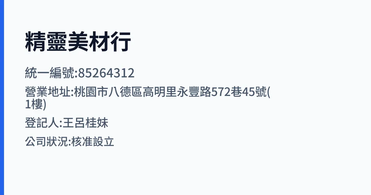 精靈美材行 - 統編 85264312(桃園市) 公司登記資料與營業項目詳細圖表