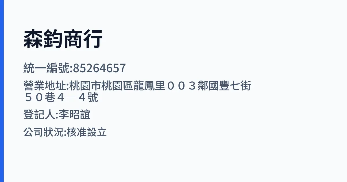 森鈞商行 - 統編 85264657(桃園市) 公司登記資料與營業項目詳細圖表