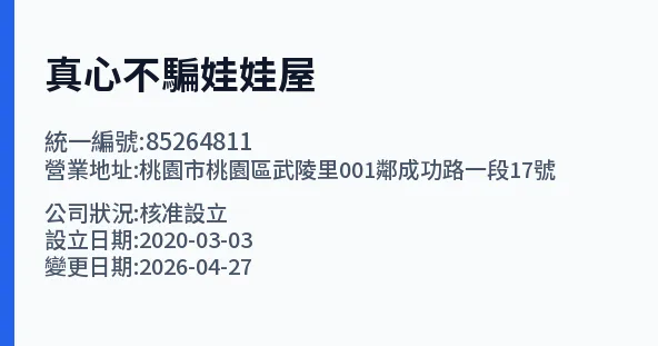 真心不騙娃娃屋的照片-統編 85264811(桃園市) 公司登記資料與營業項目詳細圖表