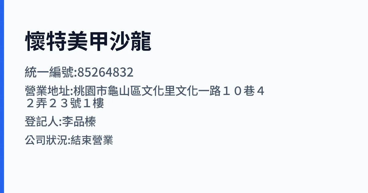 懷特美甲沙龍 - 統編 85264832(桃園市) 公司登記資料與營業項目詳細圖表