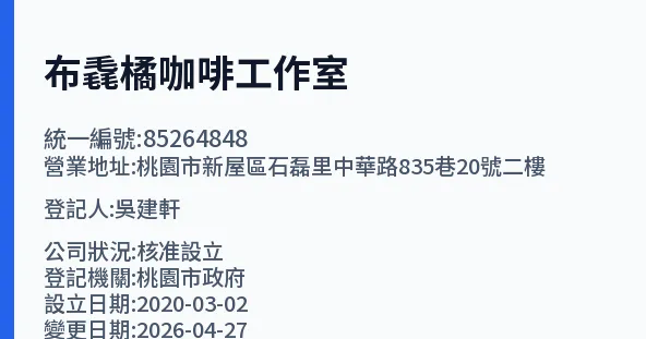 布毳橘咖啡工作室的照片-統編 85264848(桃園市) 公司登記資料與營業項目詳細圖表