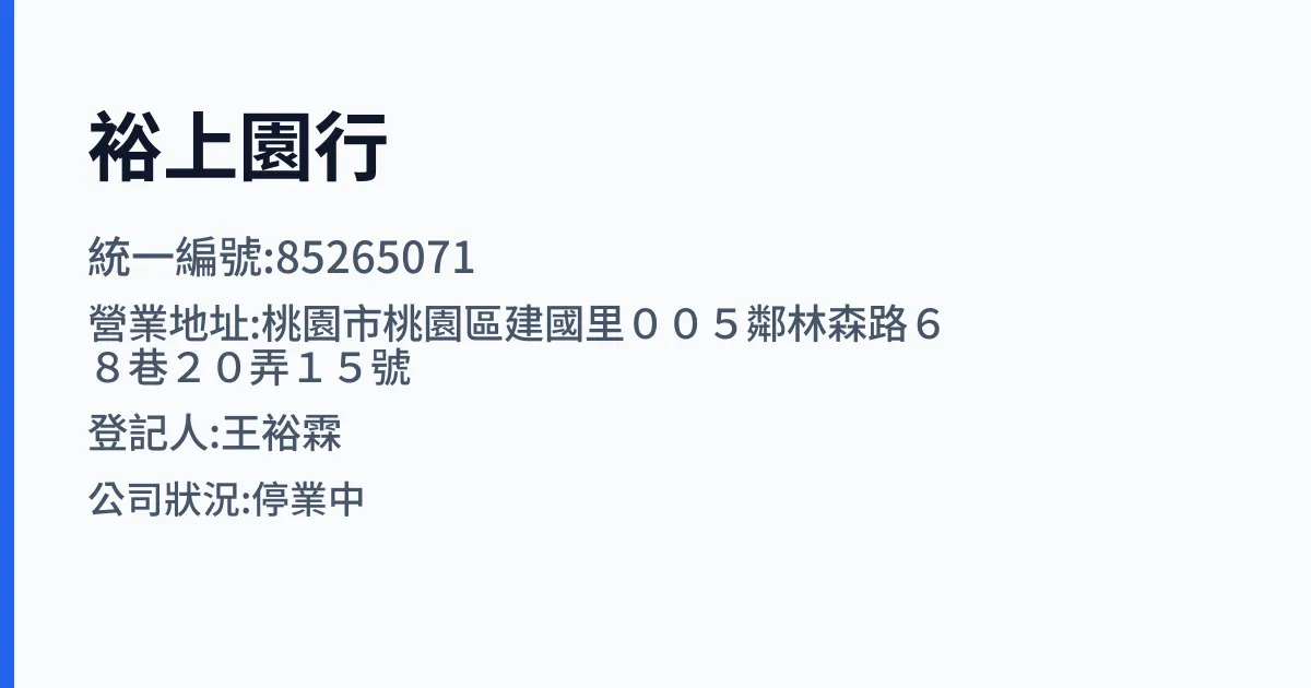 裕上園行 - 統編 85265071(桃園市) 公司登記資料與營業項目詳細圖表