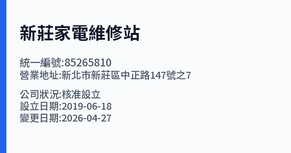 新莊家電維修站的照片-統編 85265810(新北市) 公司登記資料與營業項目詳細圖表